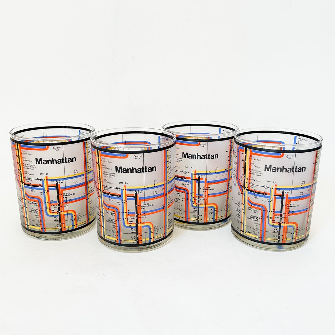 NYC Subway Map Double Old Fashioned Glasses. Vintage 80s Bill Blass ...