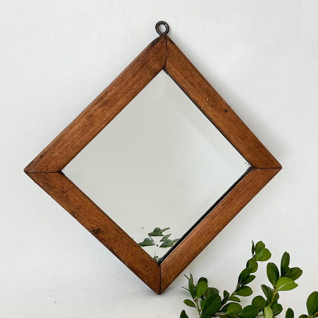 Wood Framed Wall Mirror. Vintage Diamond Shape Wood Framed Beveled ...