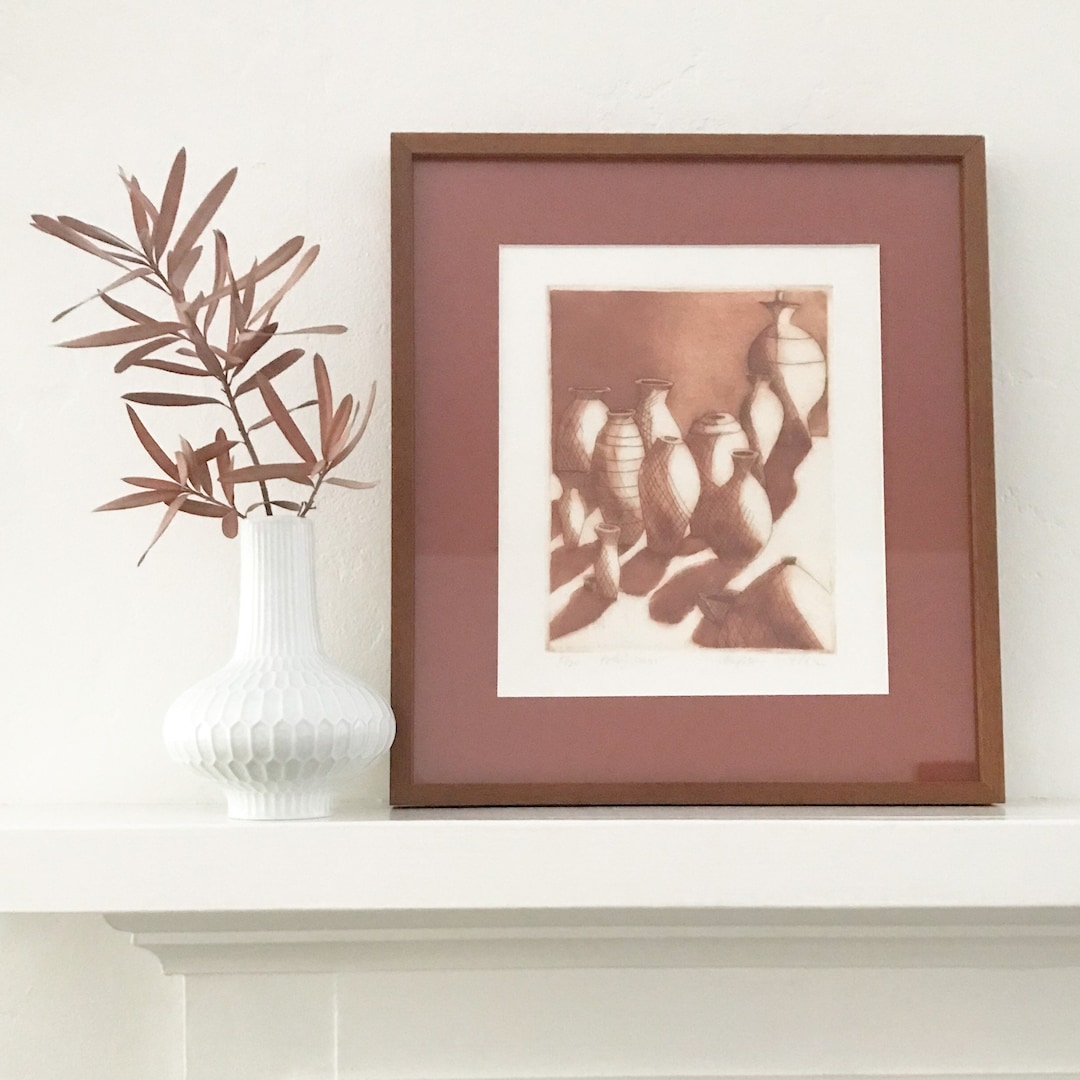 Vintage Still Life Etching With Vases, Vessels. Framed Pottery Jugs ...
