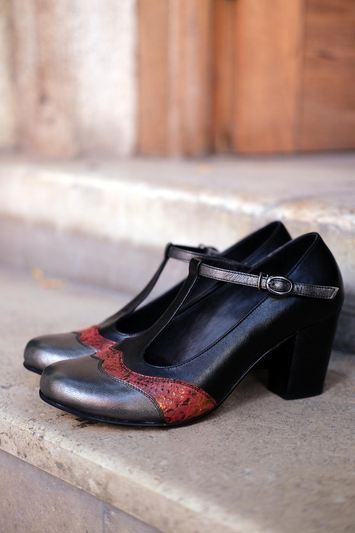 Handmade T Strap Mary Janes Leather Shoes Women Red & | Etsy