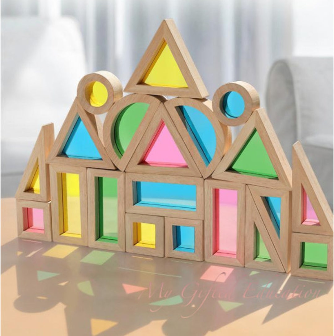 24pcs Acrylic Wooden Rainbow Geometric Shapes Building Blocks Stacking ...