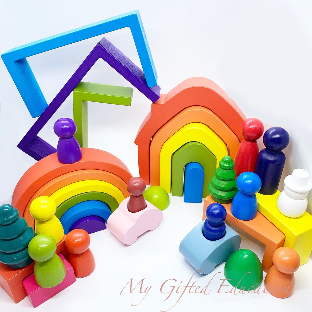 Wooden Rainbow Stackers Christmas Village House Wooden Peg Dolls Baby ...