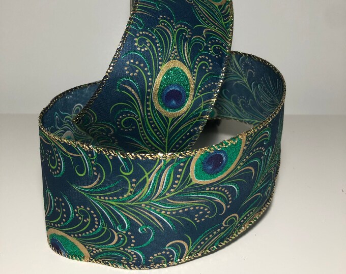 15ft/5yds. Peacock Ribbon in Navy Green Gold Wired Ribbon 2.5 Wide ...