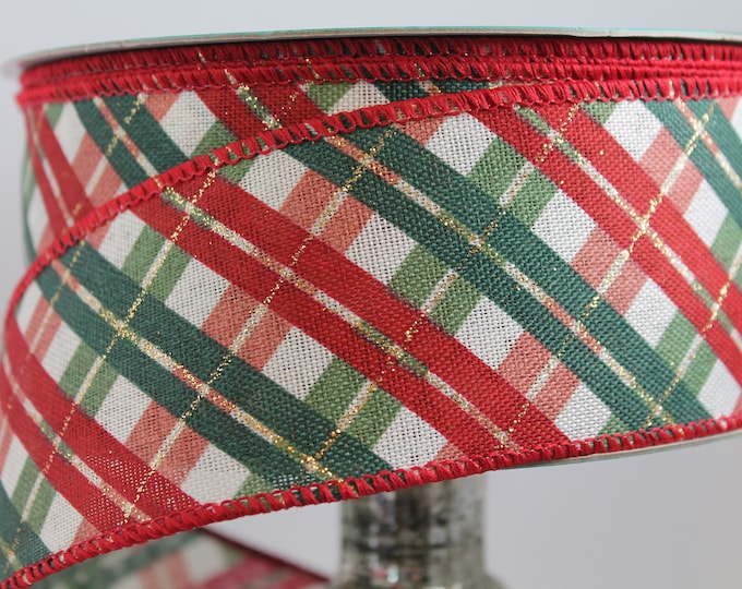 Christmas Wired Ribbon 15ft/5yds Traditional Red White Green Plaid ...