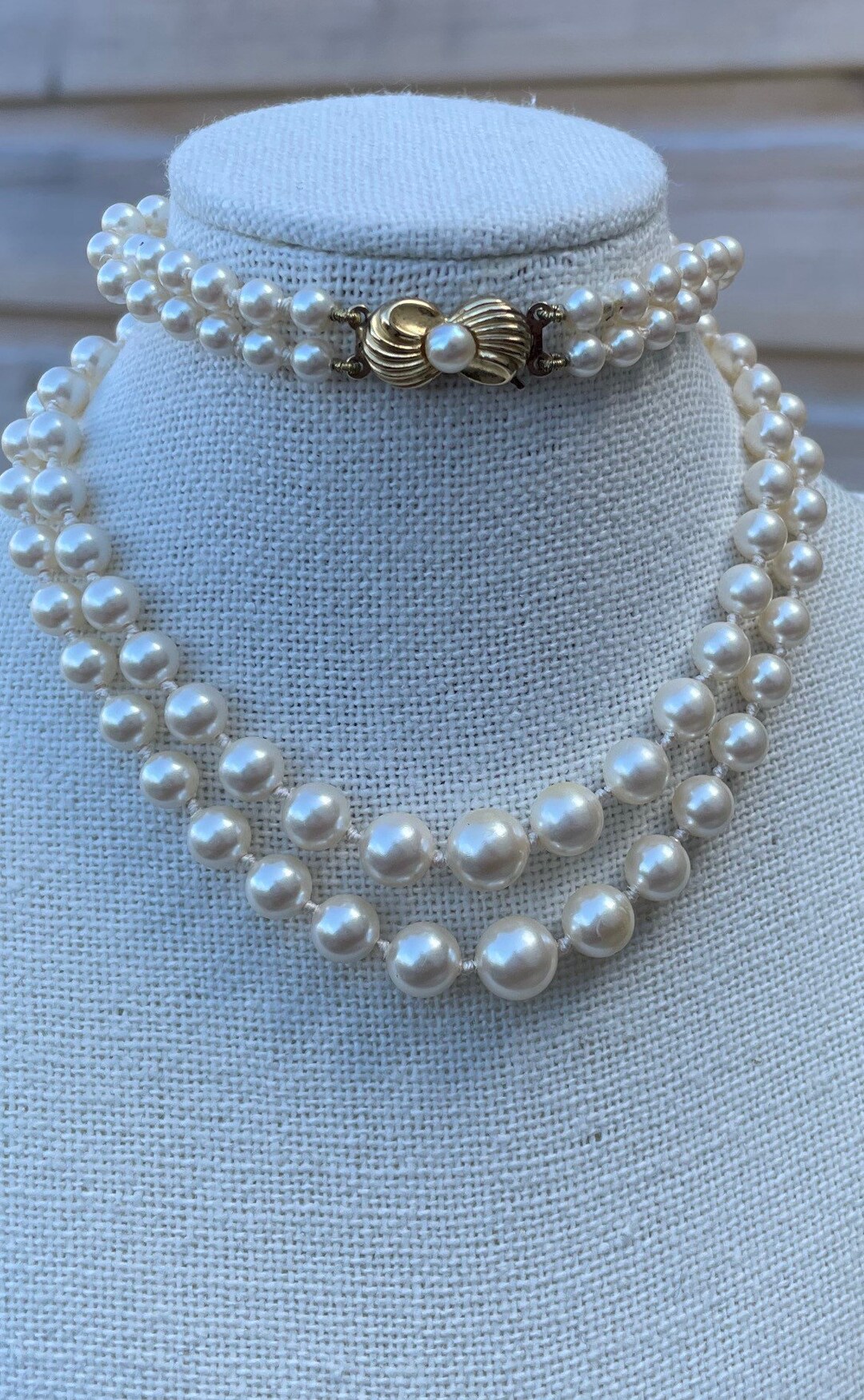Vintage JKA Köhle Faux Pearl Necklace - Double Strand, Gold Plated 925 ...
