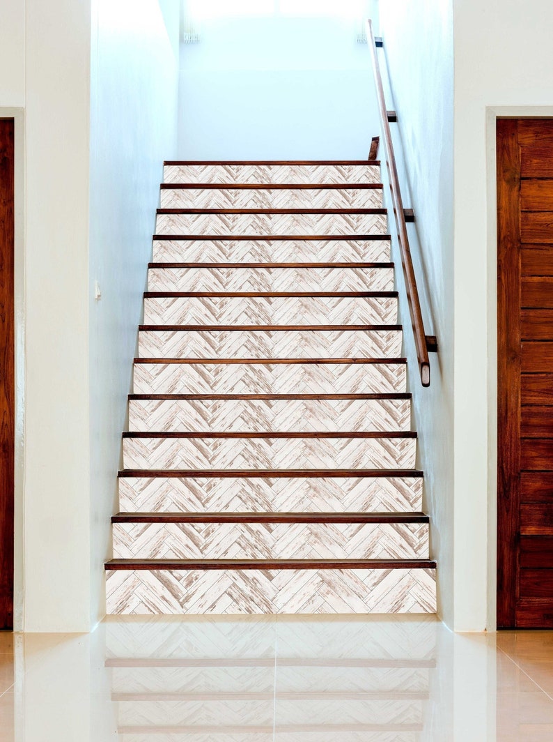 Rustic Herringbone Chevron Wood Pattern Stair Riser Decals | Etsy