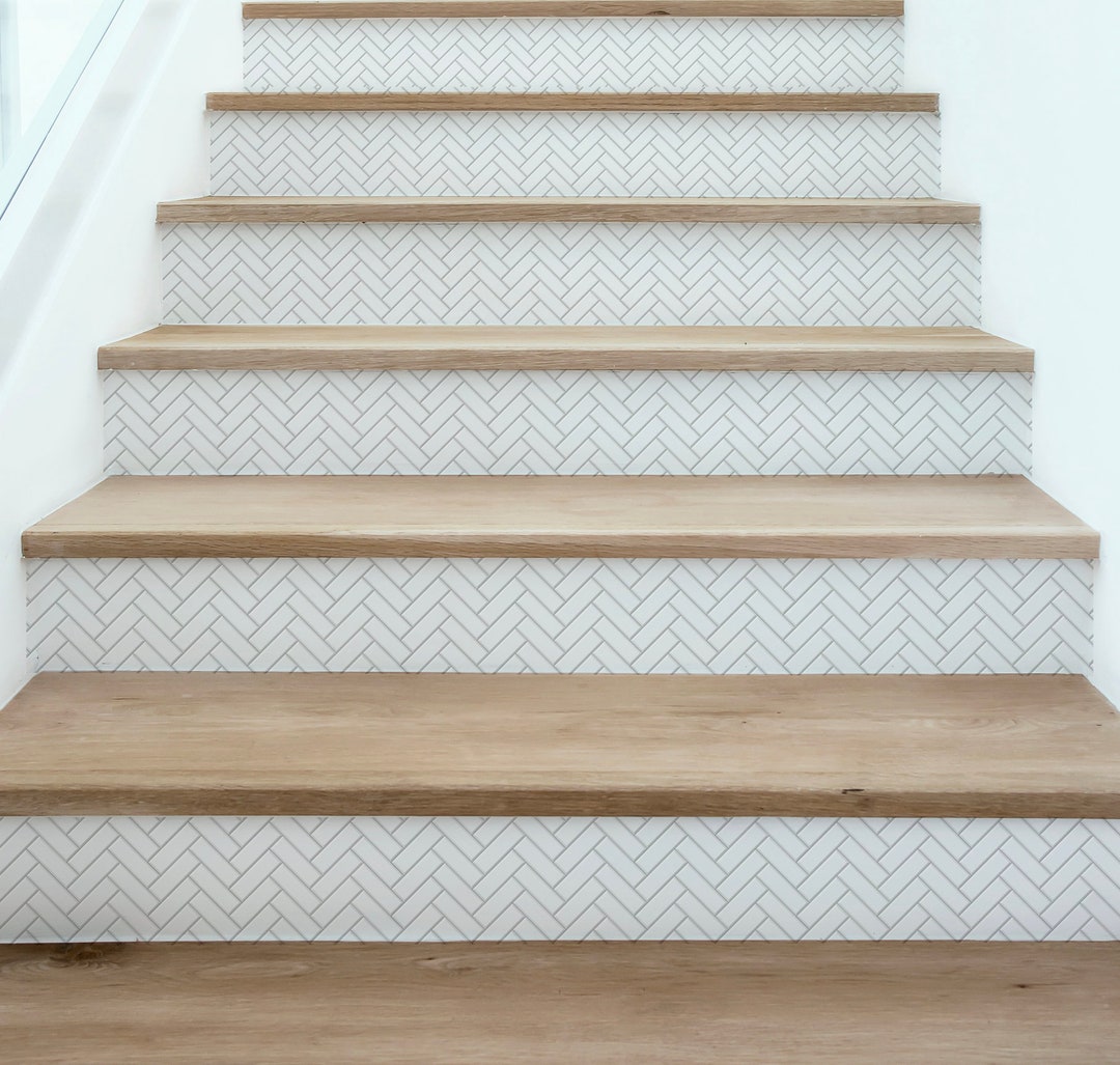 Herringbone Tile White Stair Riser Decals Vinyl Strips Minimalist ...