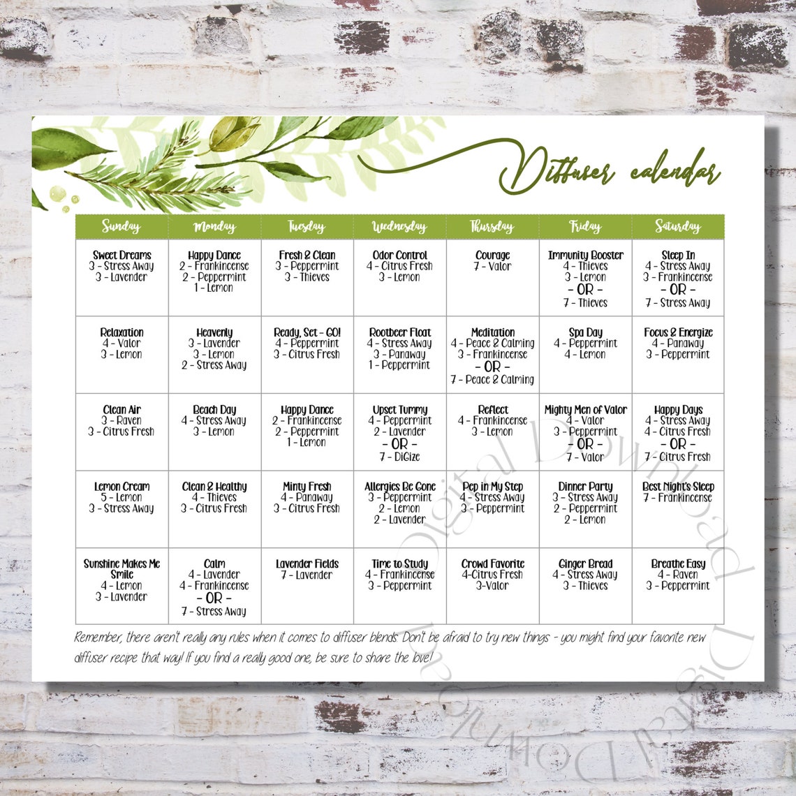 Printable Starter Kit Diffuser Monthly Calendar, Young Living, Essential Oils, Digital Download ...
