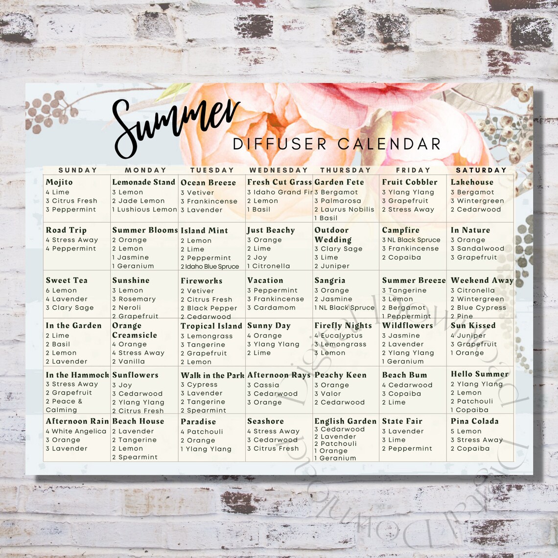 Printable Summer Diffuser Monthly Calendar, Young Living, Essential ...