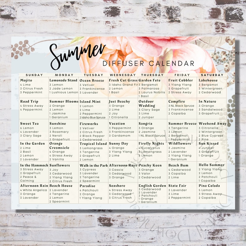 Printable Summer Diffuser Monthly Calendar, Young Living, Essential Oils, Digital Download ...
