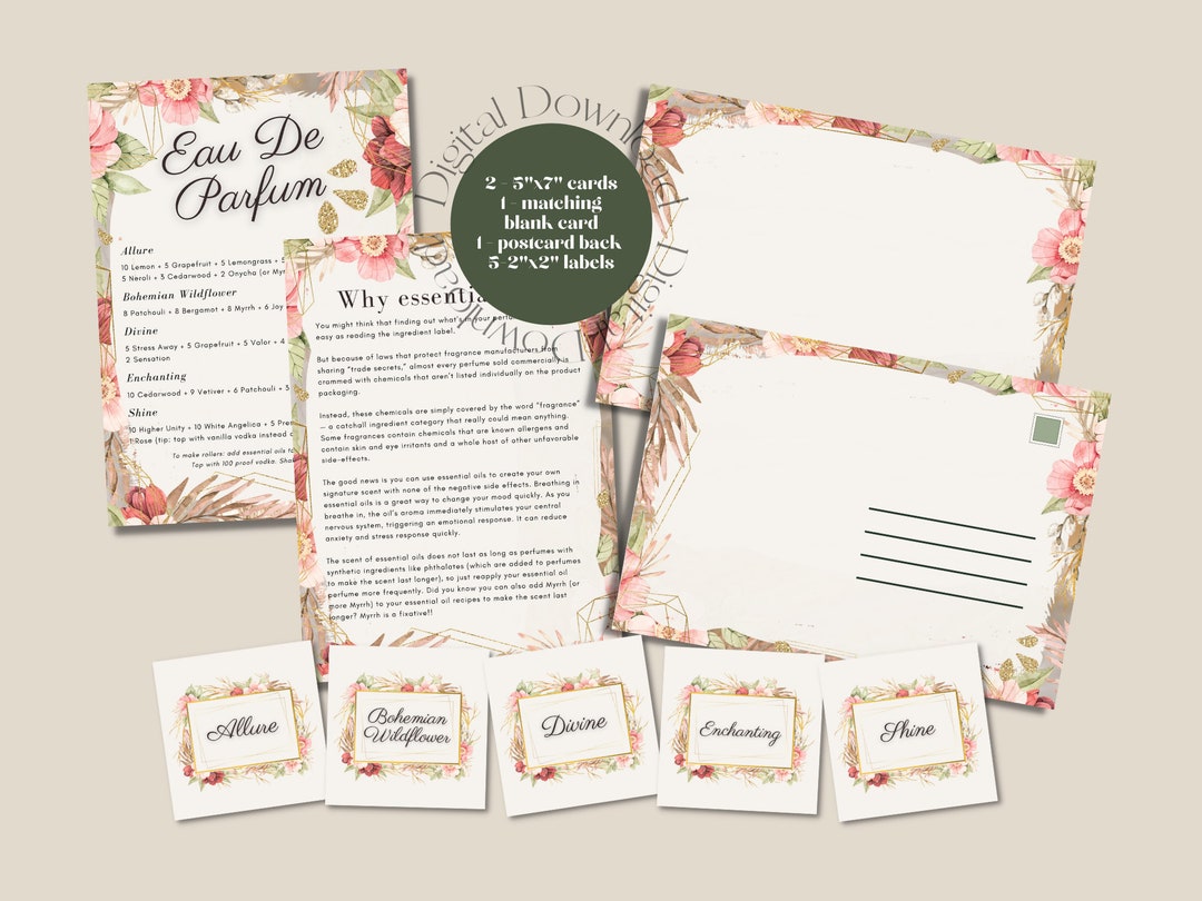 Essential Oil Perfume Recipe Sheet DIY W/ 5 Labels - Make & Take - 5" X ...