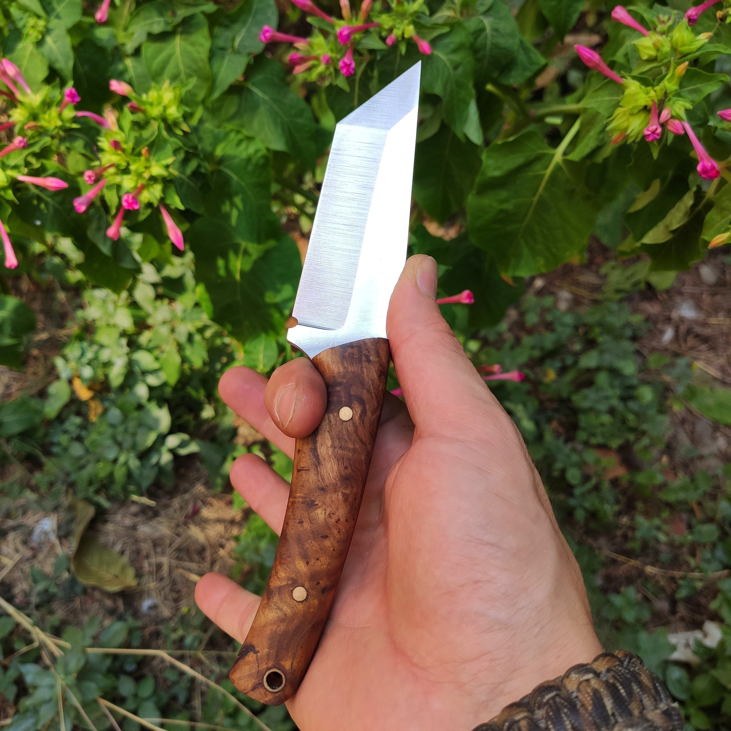 Custom EDC Tanto Knife With Horizontal Carry Belt Sheath, Stainless ...