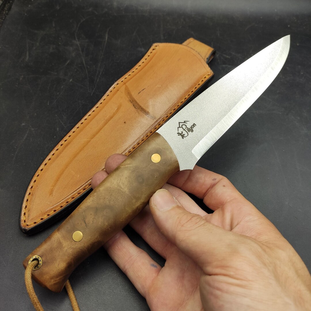 Custom Scandi Bushcraft Knife & Leather Sheath, N690 Steel Fixed Blade ...