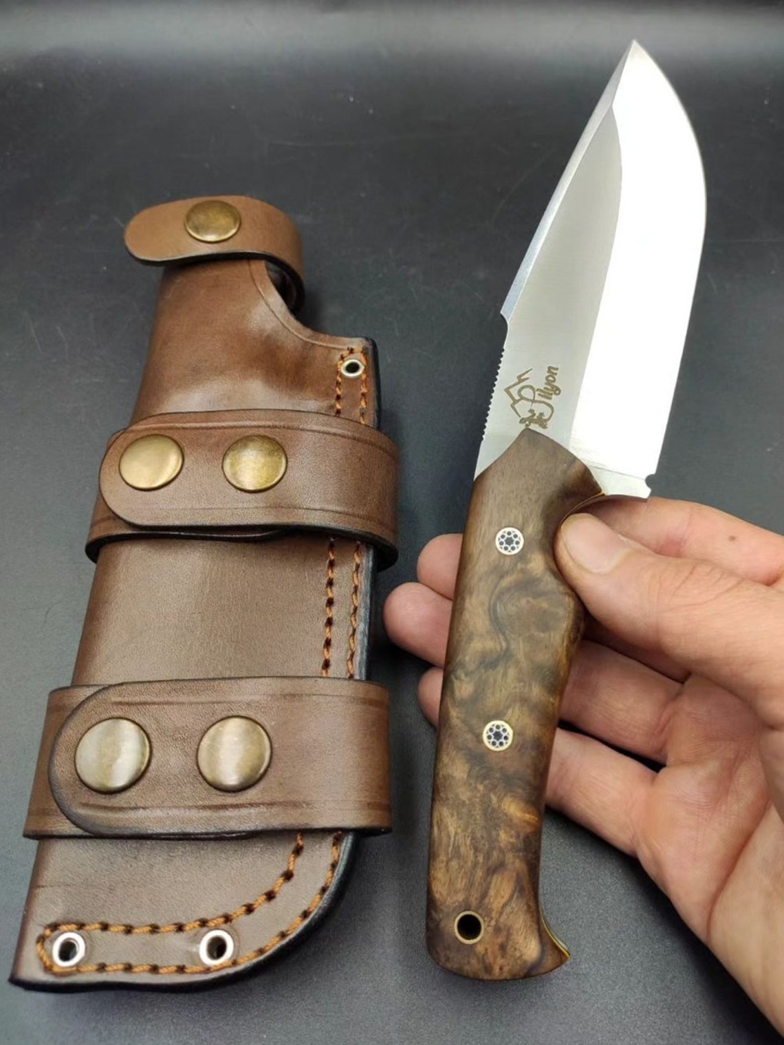 Custom EDC Knife With Scout Carry Leather Sheath, Stainless Steel Fixed ...