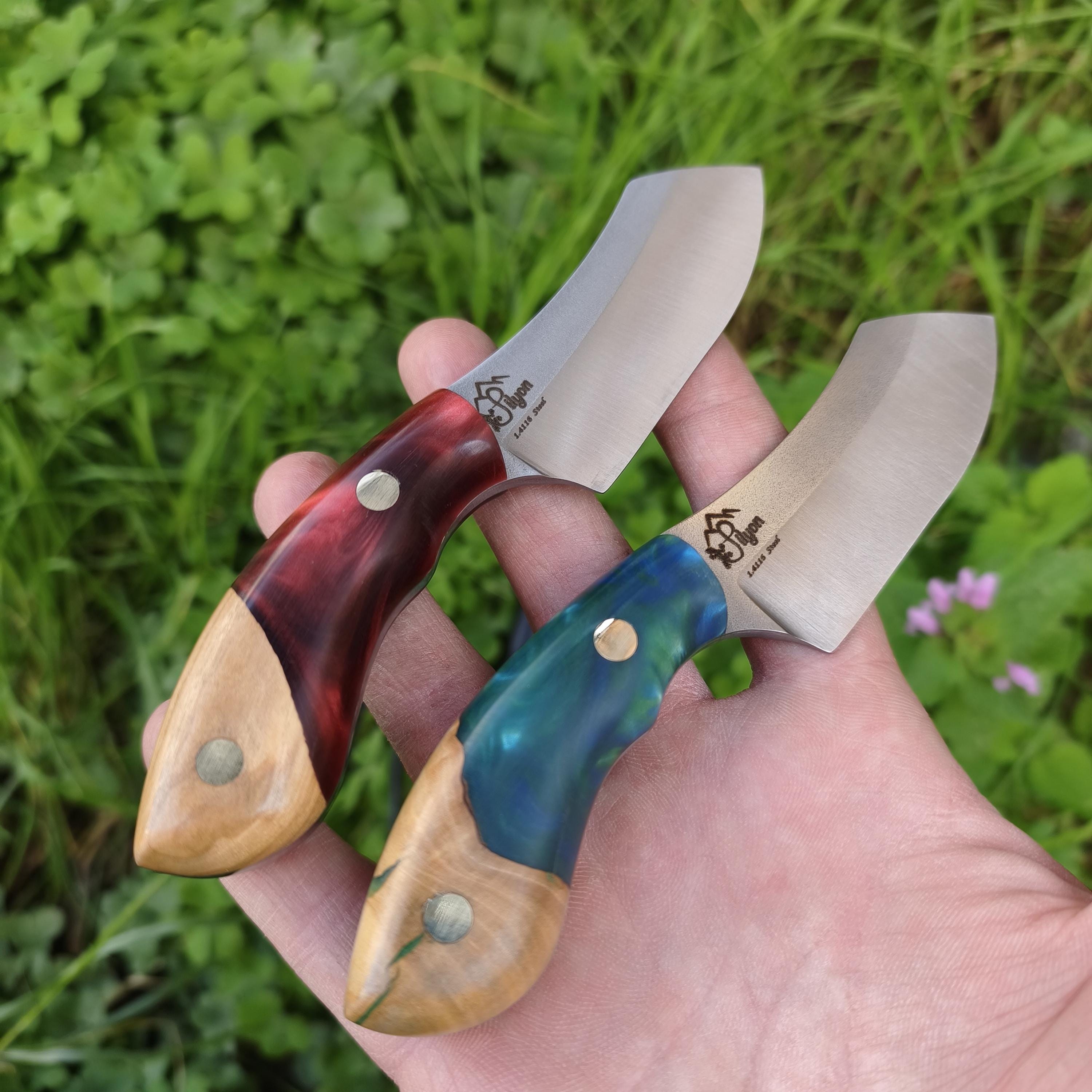 EDC Fixed Blade Mini Cleaver Knife & Belt Neck Carry Sheath, Olive Wood ...