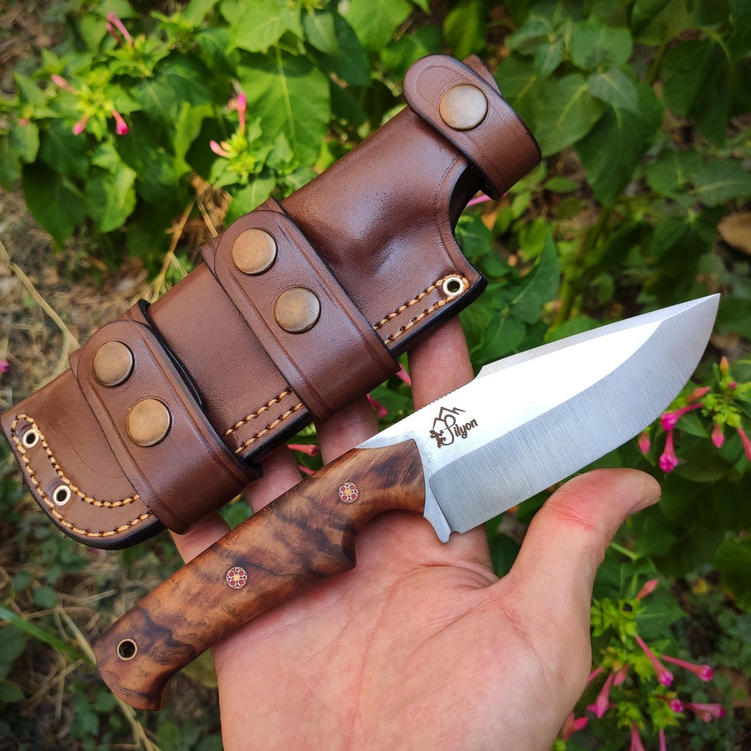 Custom EDC Knife With Scout Carry Leather Sheath, Stainless Steel Fixed ...