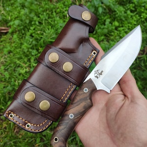 Custom EDC Knife With Scout Carry Leather Sheath, Stainless Steel Fixed ...