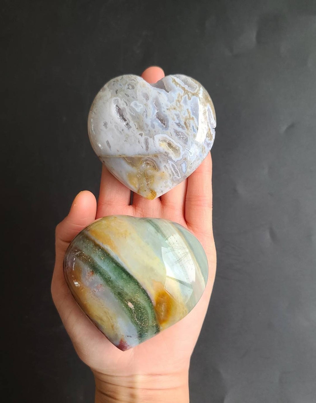 Blue Ocean Jasper Heart, Pastel Ocean Jasper Palm Stone, Lavender Ocean ...