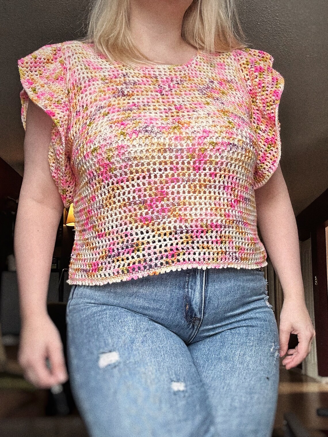 Monet Mesh Ruffle Sleeve Crochet Top | Summer Crochet Blouse Pattern ...