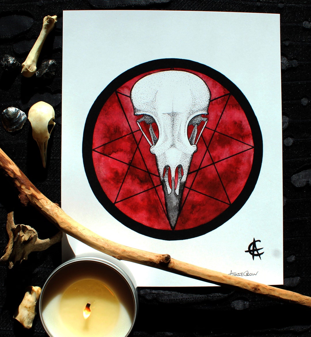 Dark Raven Skull Watercolor and Ink Art Print summoning the Raven - Etsy