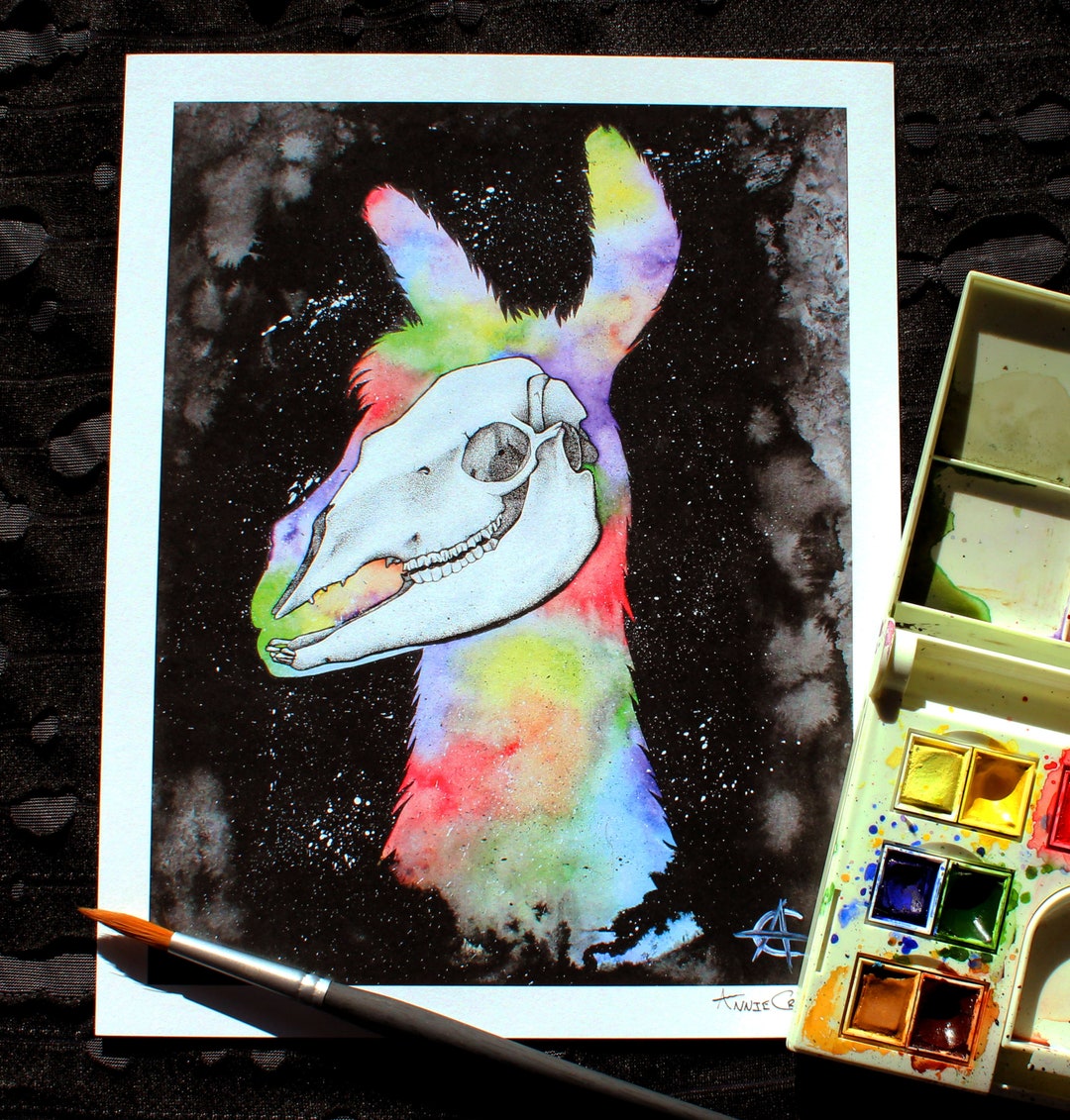 Rainbow Watercolor Llama Skull Art Print- "dead Rainbow Llama" - Etsy