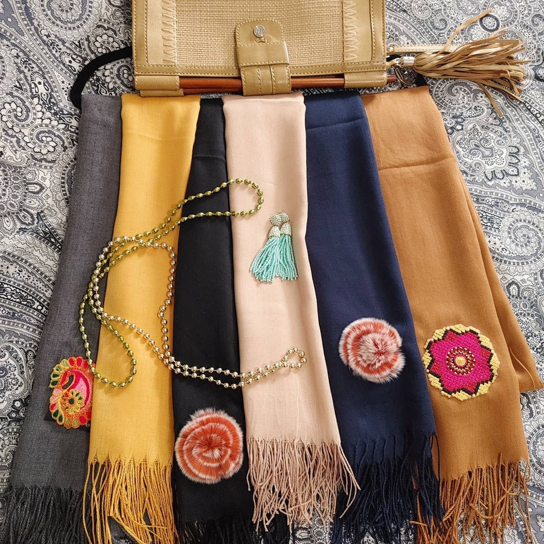 Appliquéd and Fringe Stoles, Stoles, Swiss Stole, Winter Stole, Mustard ...