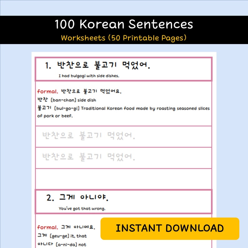 Everyday Korean 100 Sentences Worksheet - Etsy