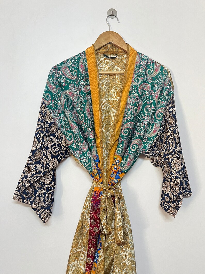 Recycle Sari Silk Patchwork Kimono Robes for Women, Long Silk Kimono ...
