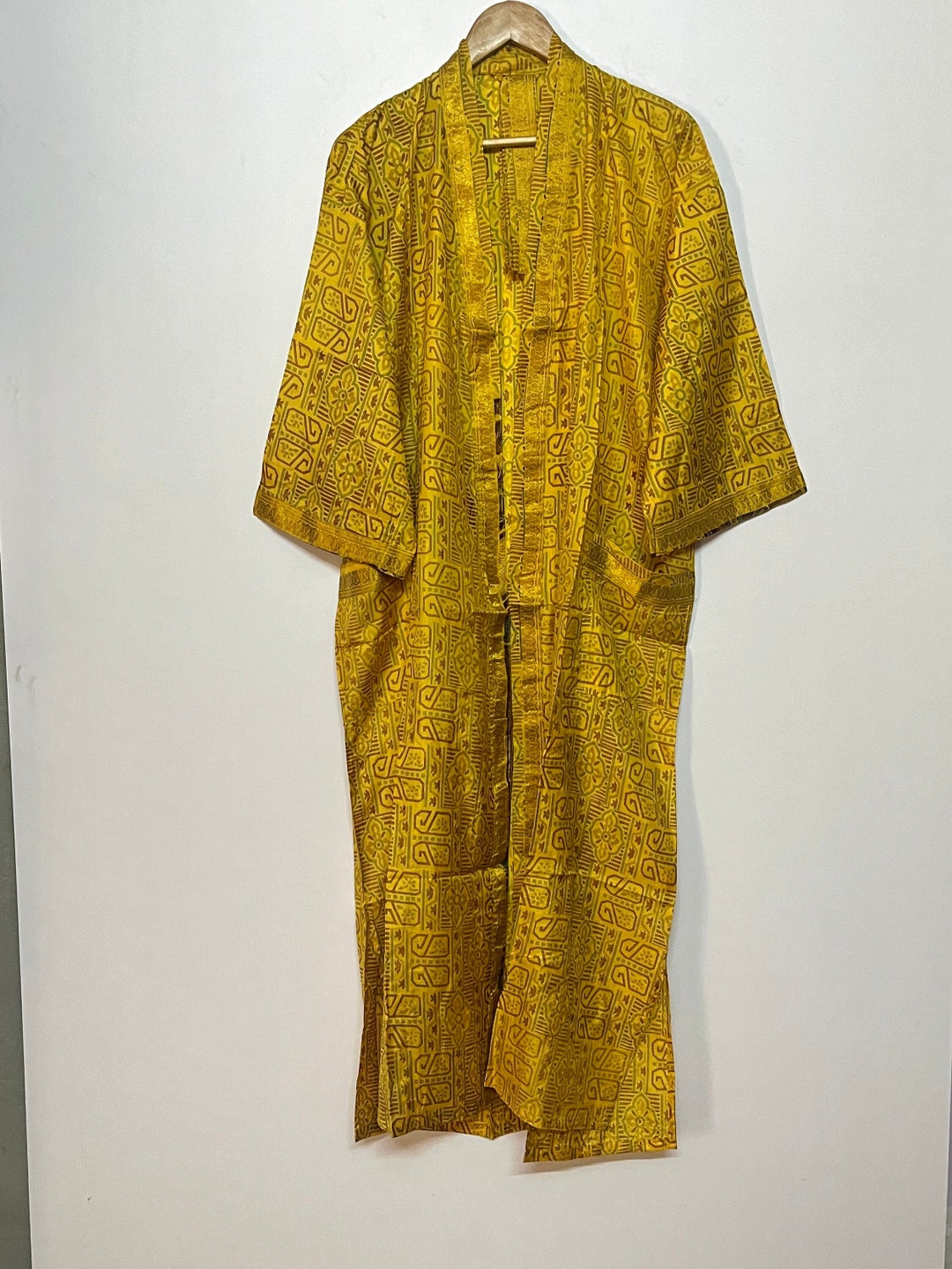 Yellow Color Crepe Silk Long Kimono, Handmade Summer Kimono, One Size ...