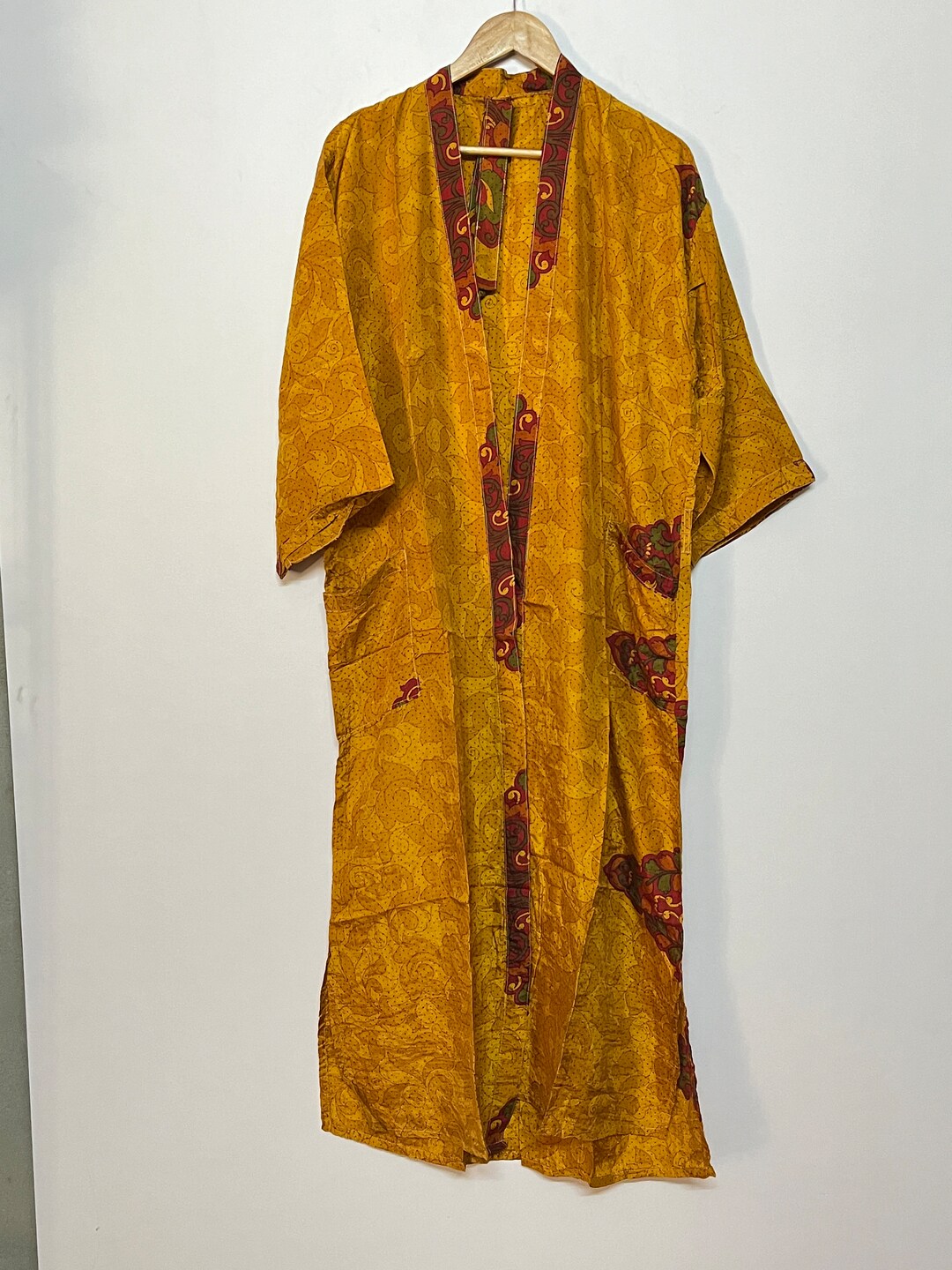 Women Silk Robe Floral Print Robe Long Silk Kimono Women's Robe Long ...