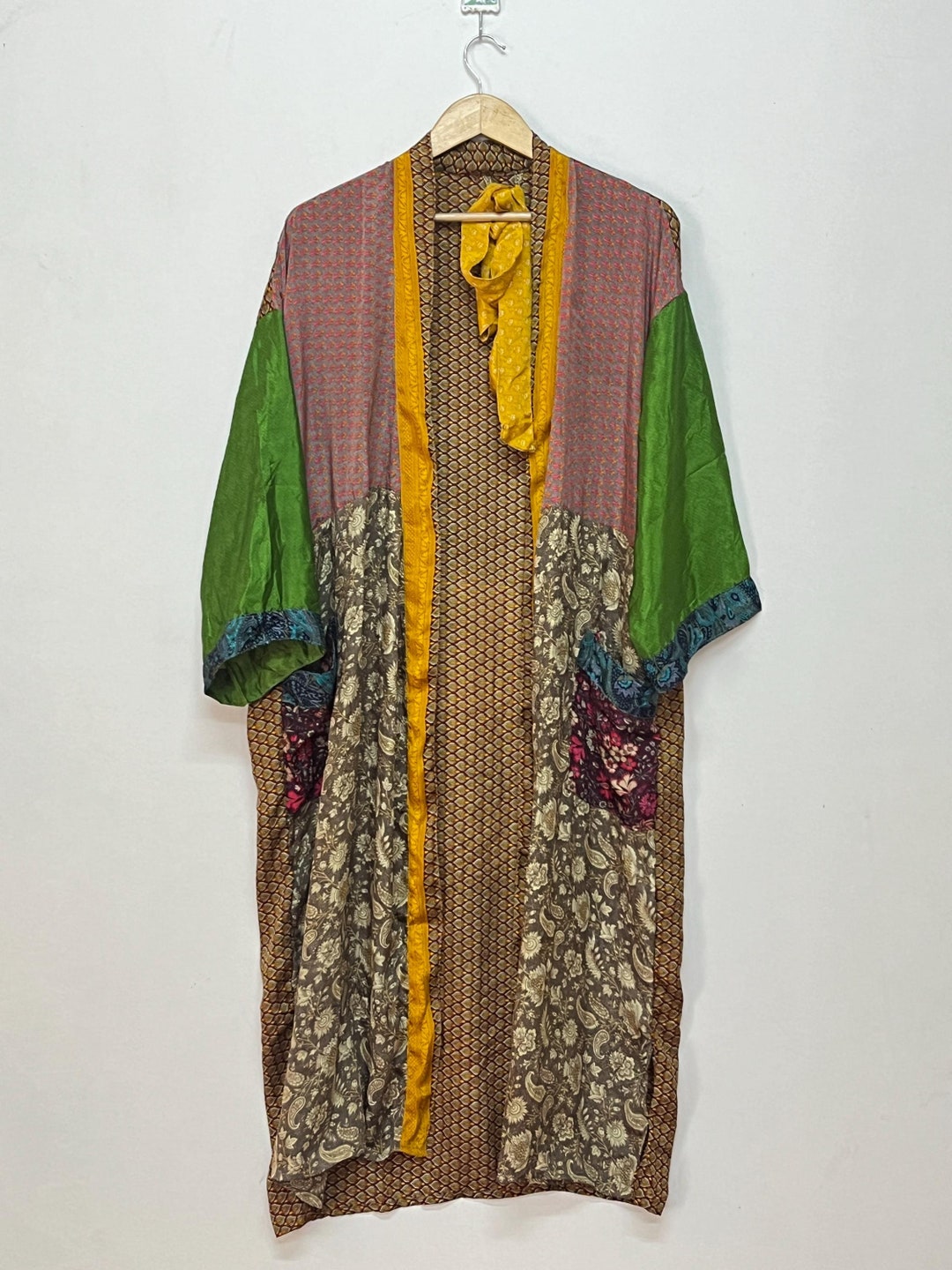 Recycled Silk Patchwork Kimono, Women Patchwork Silk Kimono Robe, Boho ...