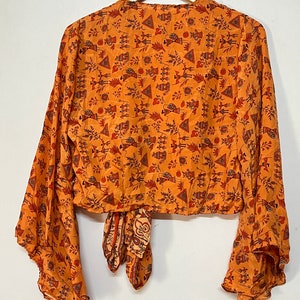Indian Silk Retro Crop Top Orange Silk Top Silk Crop Blouse Floral Crop ...