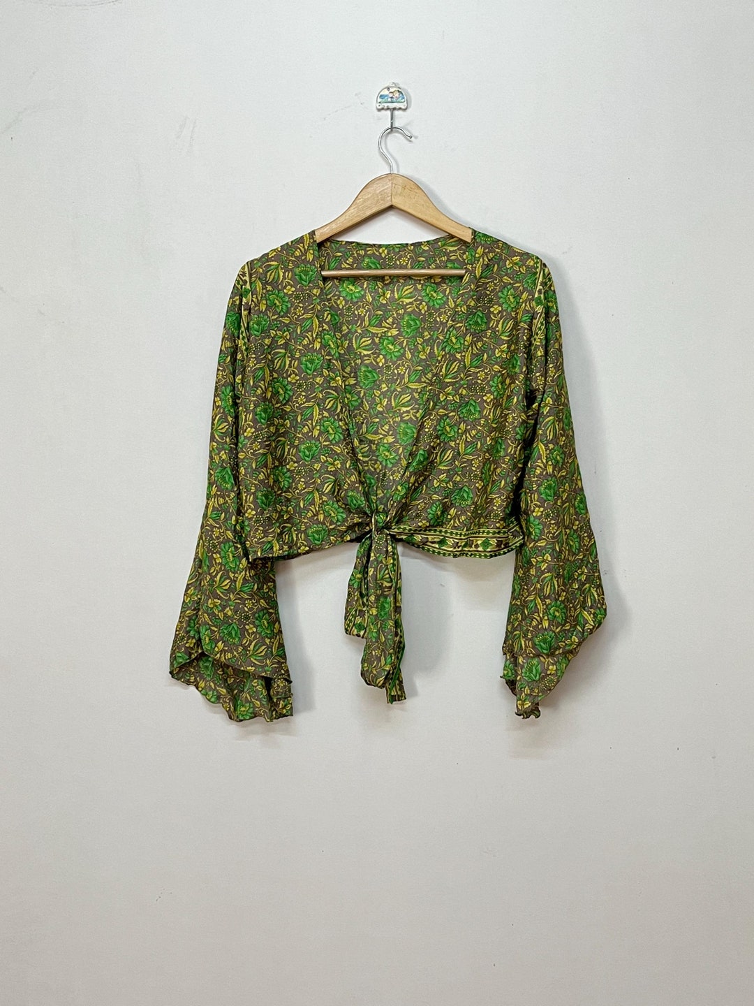 Stylish Silk Crop Top, Green Color Floral Print Silk Top, Summer Long ...