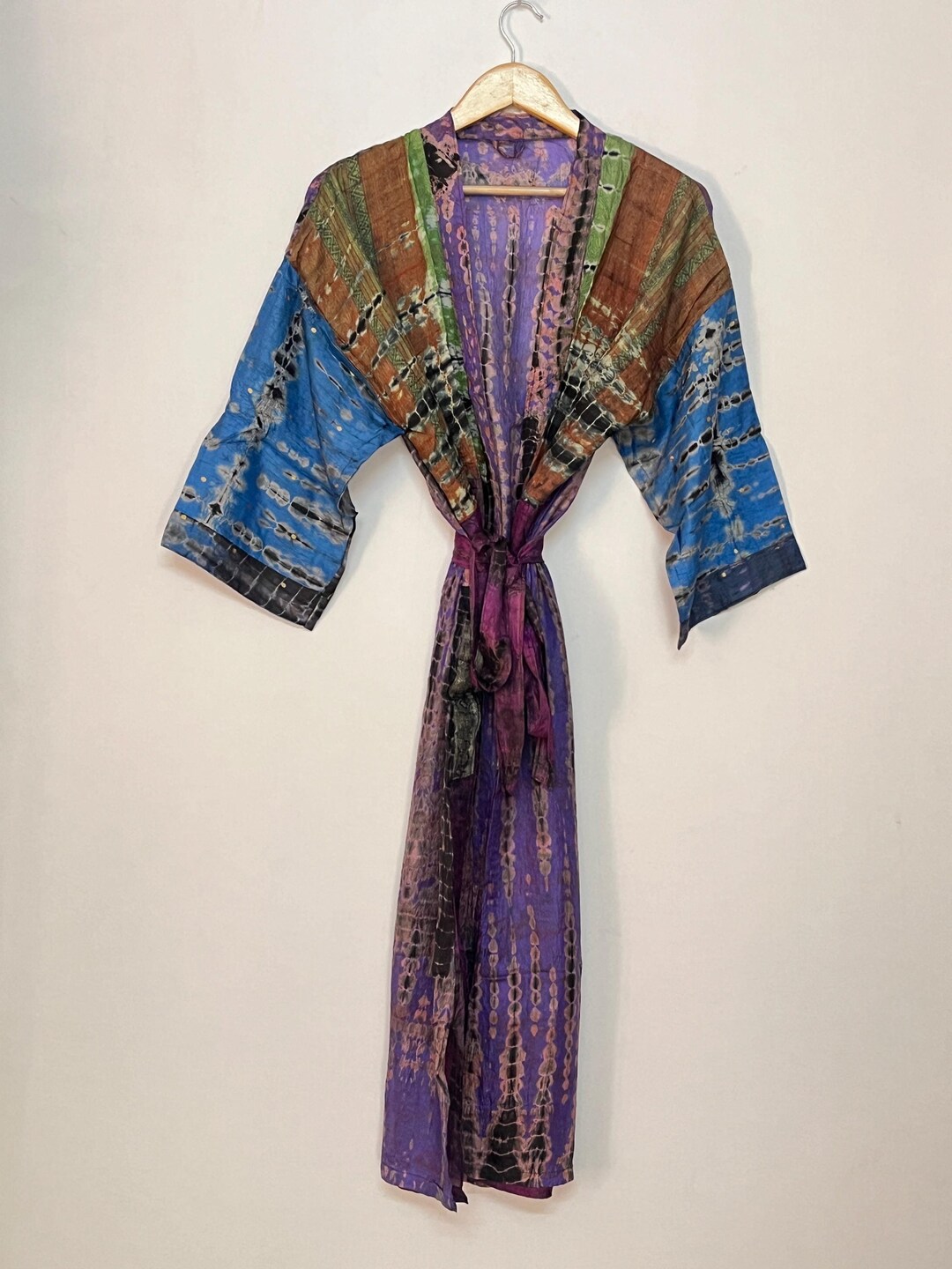 Recycle Pure Silk Sari Long Kimono for Women, Indian Handmade Tie Dye ...