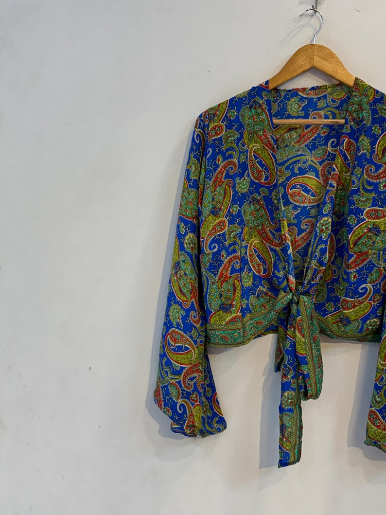 Printed Silk Tie Top Summer Crop Top, Gift for Her, Bell Sleeve Top ...