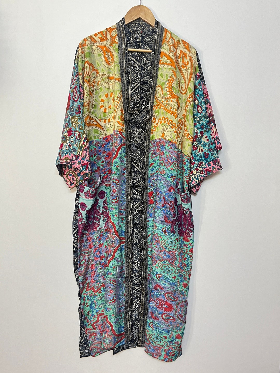 Patchwork Silk Kimono Robe, Woman Silk Kimono, Vintage Kimono Robe for ...