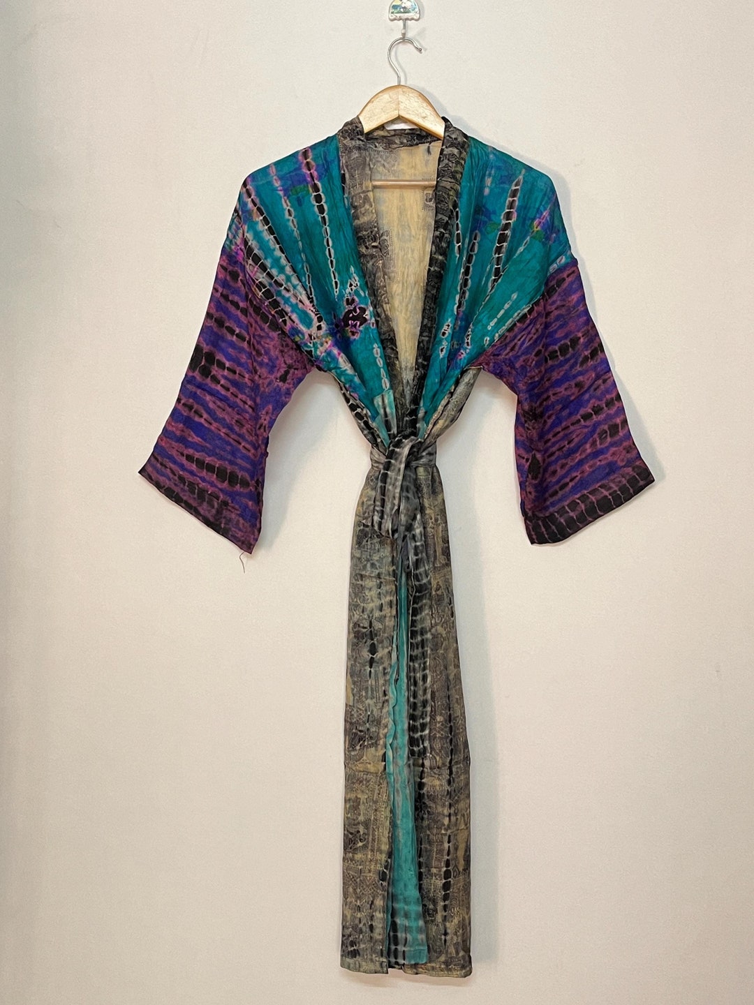 Tie-dye Silk Robe, Long Dressing Gown, Patchwork Silk Kimono Robe, Boho ...
