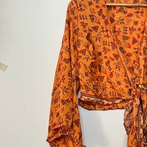 Indian Silk Retro Crop Top Orange Silk Top Silk Crop Blouse Floral Crop ...
