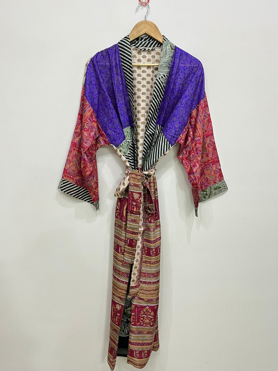 Long Dressing Gown Silk Patchwork Robe for Women Boho Kimono Robe ...