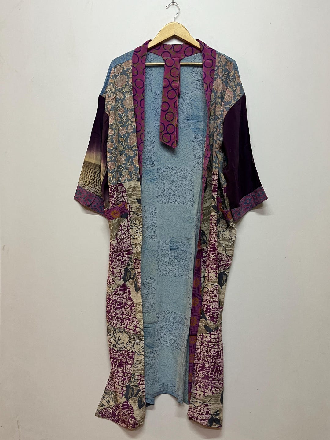 Colorful Flower Print Silk Kimono Handmade Patchwork Silk Kimono Robe ...