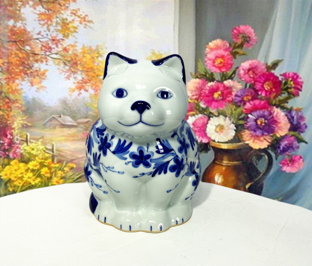 Vintage Hand Painted Kitty Cat Figure Blue and White - Etsy