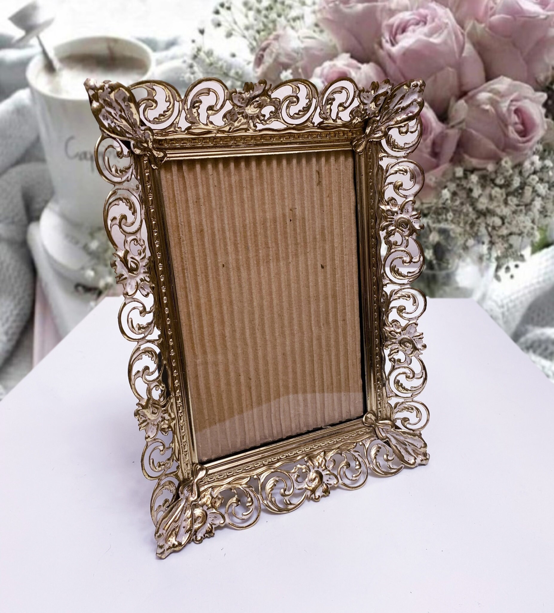 Vintage Wall Hanging Filigree Photo Frame Metal Gold Color Floral ...