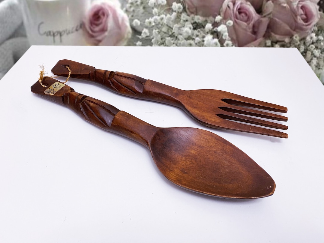 Vintage Large Wooden Folk Spoon Hand Carved Set of Folk and Spoon Home ...