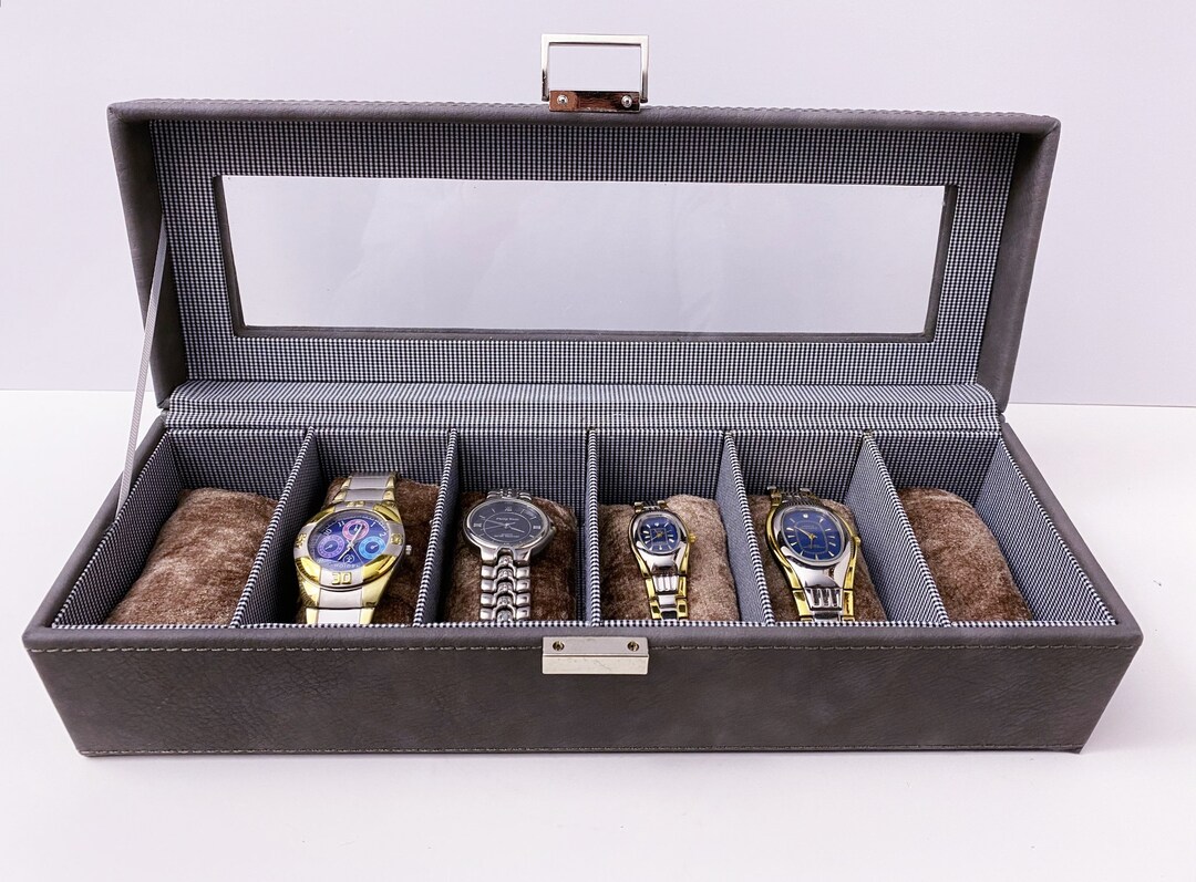 6 Slot Leather Watch Box Display Case Organizer Glass Jewelry Storage ...