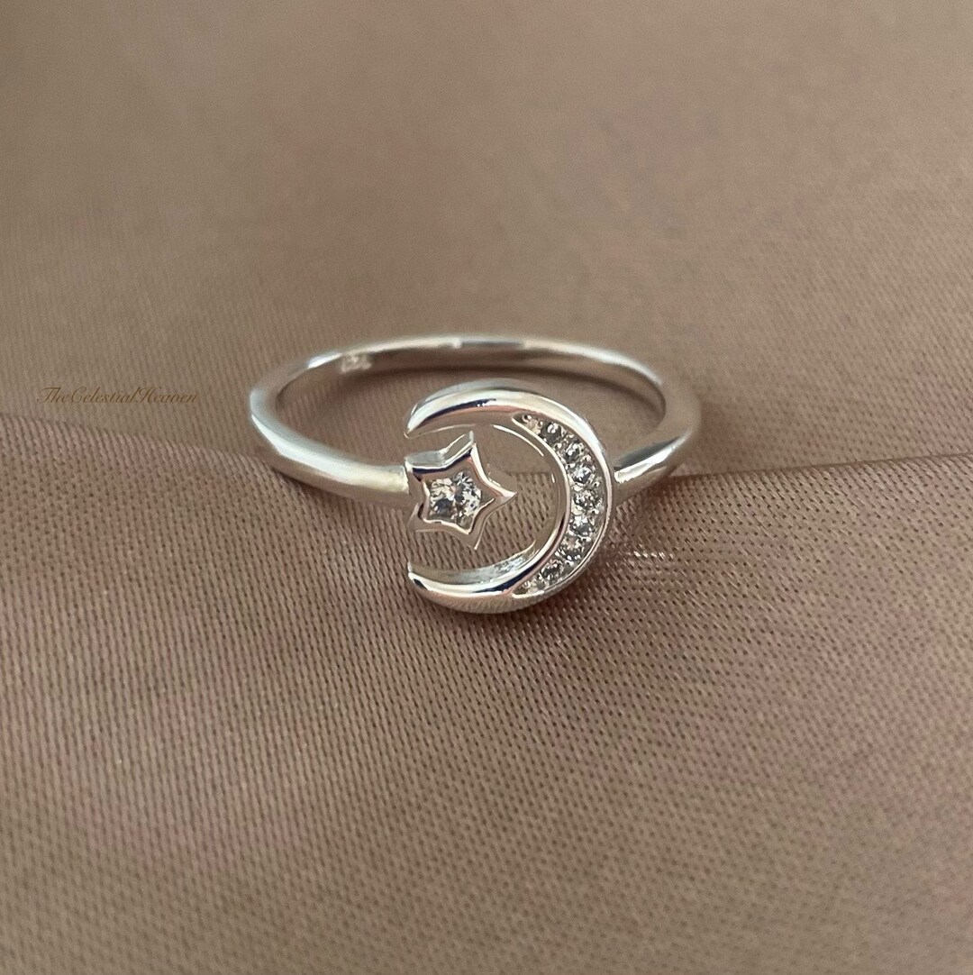 925 Sterling Silver Adjustable Crescent Moon and Star Ring| Silver Resizable Ring| Celestial ...