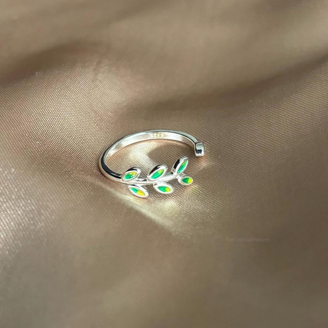 925 Sterling Silver Emerald Green Leaf Adjustable Ring| Sterling Silver ...