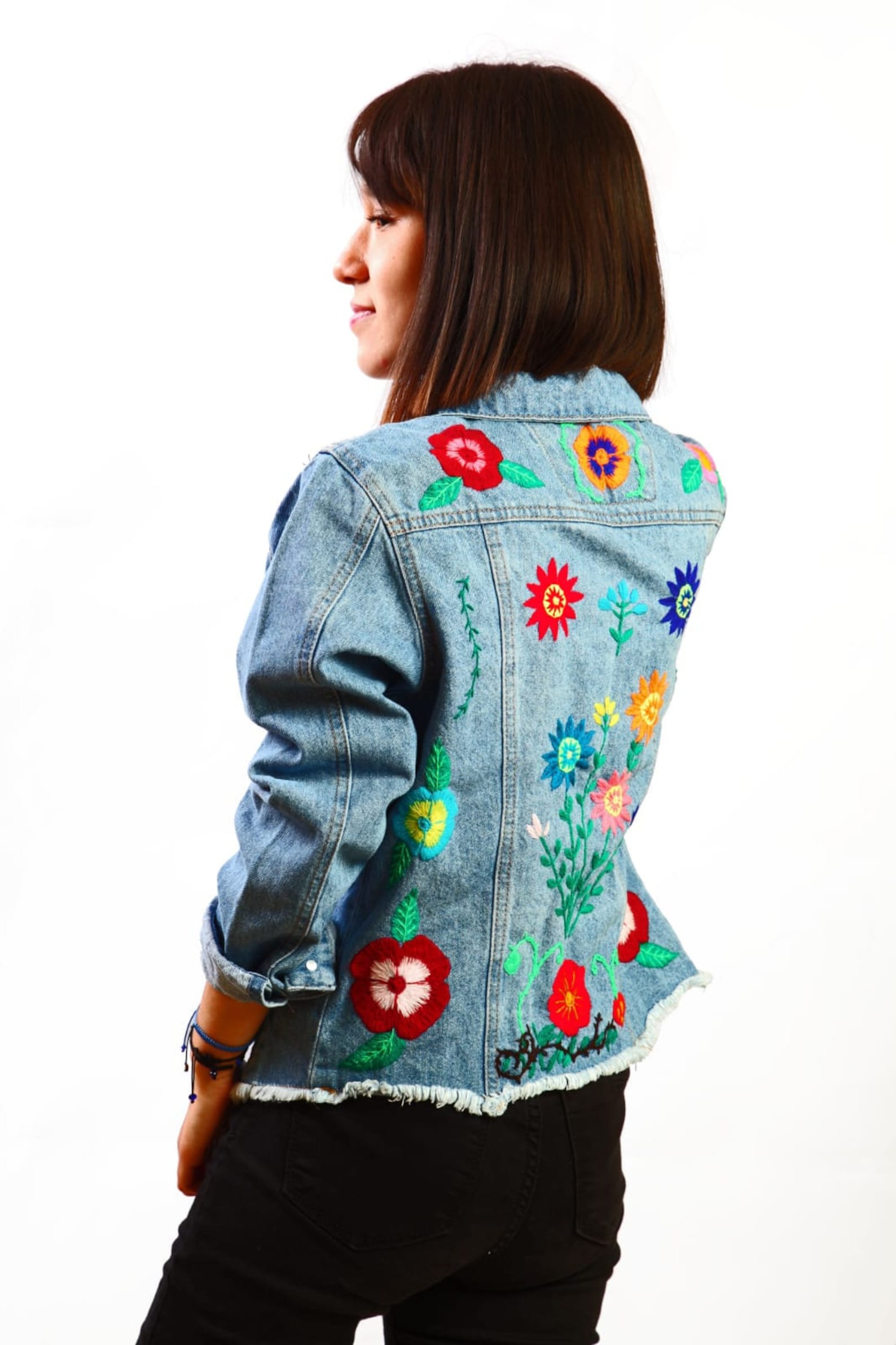 Handmade Denim Jacket Embroidered For Womenwith Floral Etsy