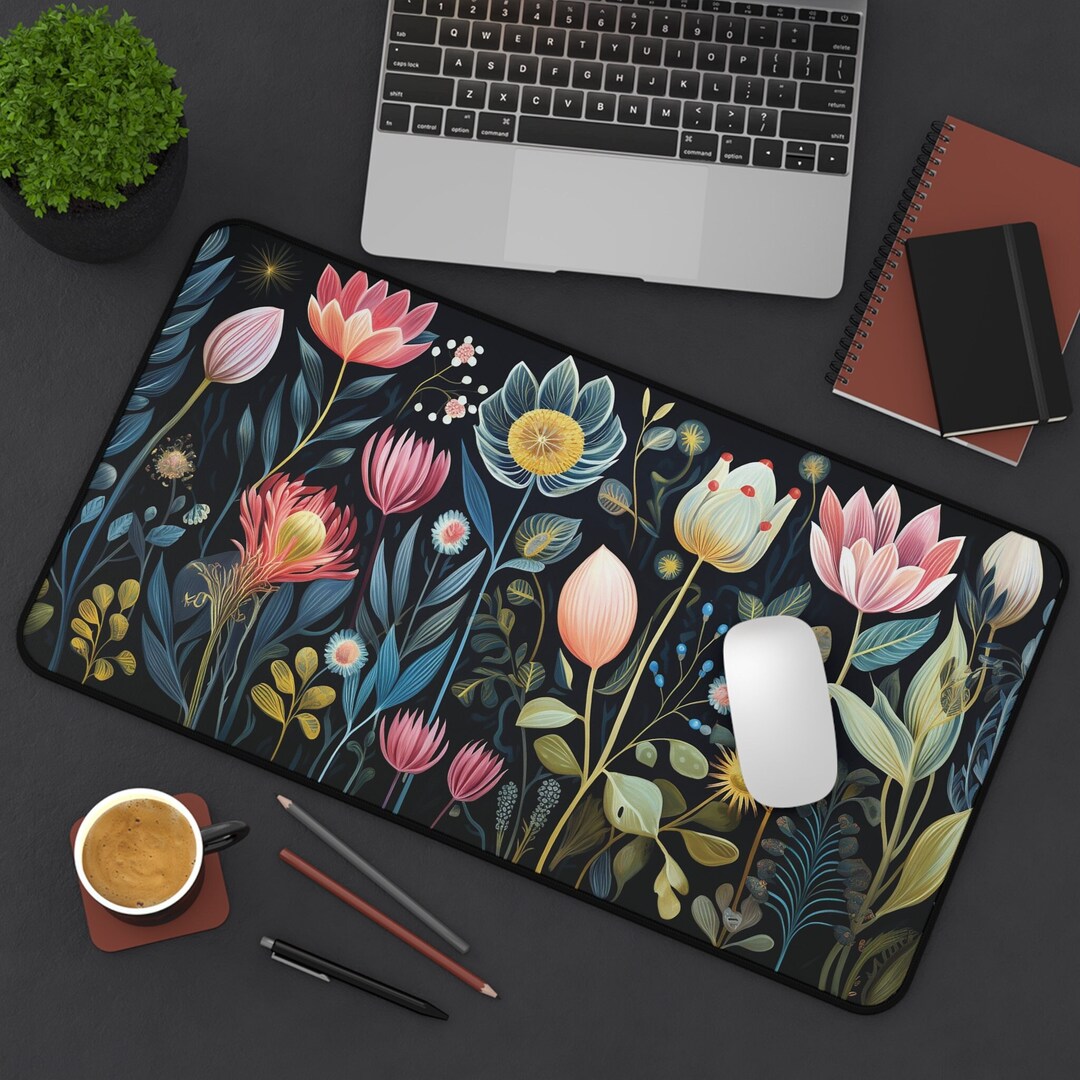 Boho Botanical Desk Mat II, Dark Botanical Motif Desk Mat, Floral Desk ...