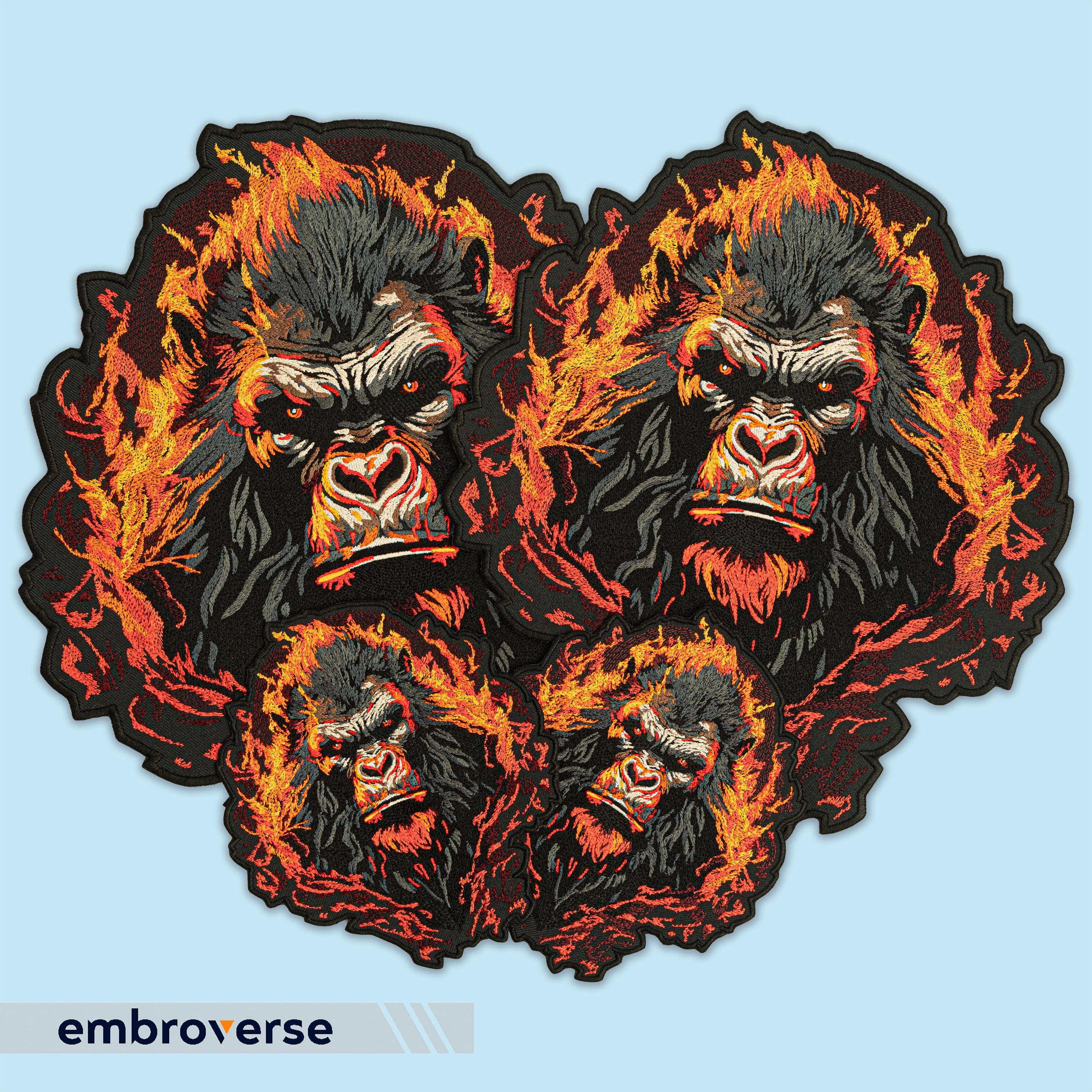 Fiery Gorilla Large Embroidered Patch - Fantasy Flaming Fierce Primate ...