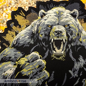 Brutal Grizzly Bear Large Back Patch - Embroidered Wild Angry Beast, Fierce Animal, Biker ...